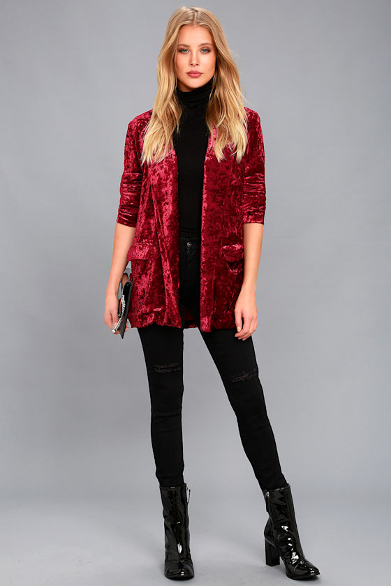 Fun Wine Red Blazer - Crushed Velvet Blazer - Lulus