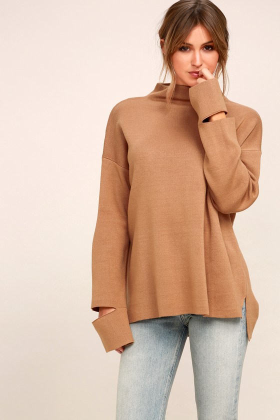 Chic Light Brown Sweater - Funnel Neck Cutout Sweater - Lulus
