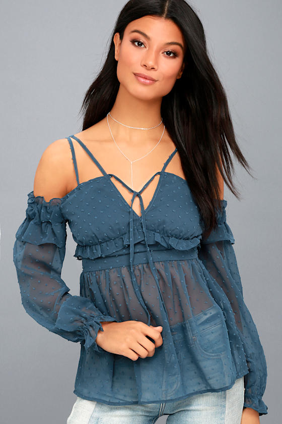 Lost Ink Off-the-Shoulder Top - Swiss Dot Blouse - Blue Top - Lulus