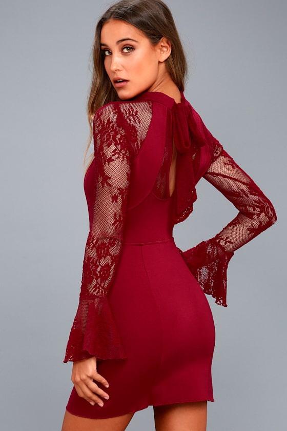 Free People It's Now or Never - Red Lace Bodycon Dress - Lulus