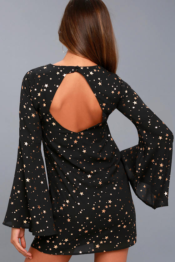 Cute Star Print Dress - Shift Dress - Flounce Sleeve Dress