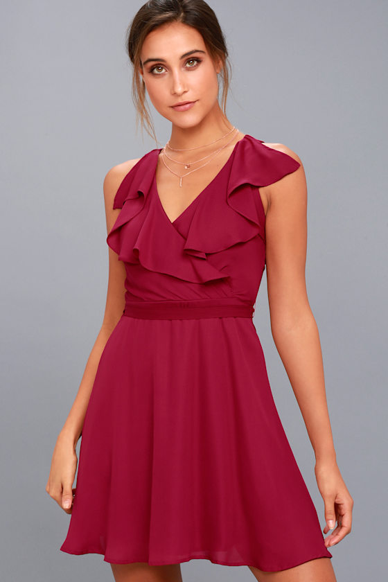Cute Wrap Berry Red Dress Ruffled Dress Skater Dress Lulus