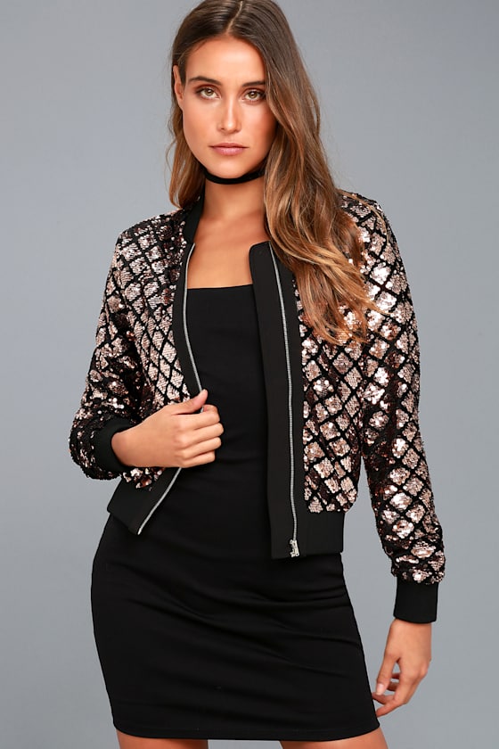 Rose Gold Sequin Bomber Jacket - Velvet Sequin Bomber Jacket - Lulus