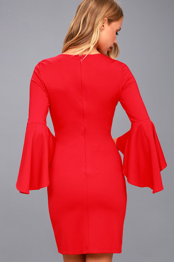 Chic Red Bodycon Dress - Flounce Sleeve Low Back Dress