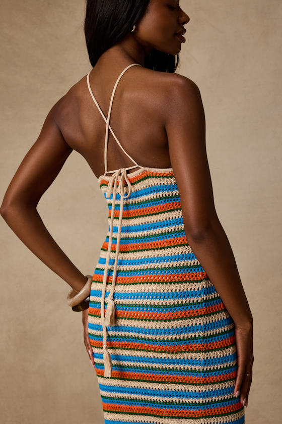 Blue Multi Striped Dress - Crochet Knit Midi Dress - Halter Dress - Lulus