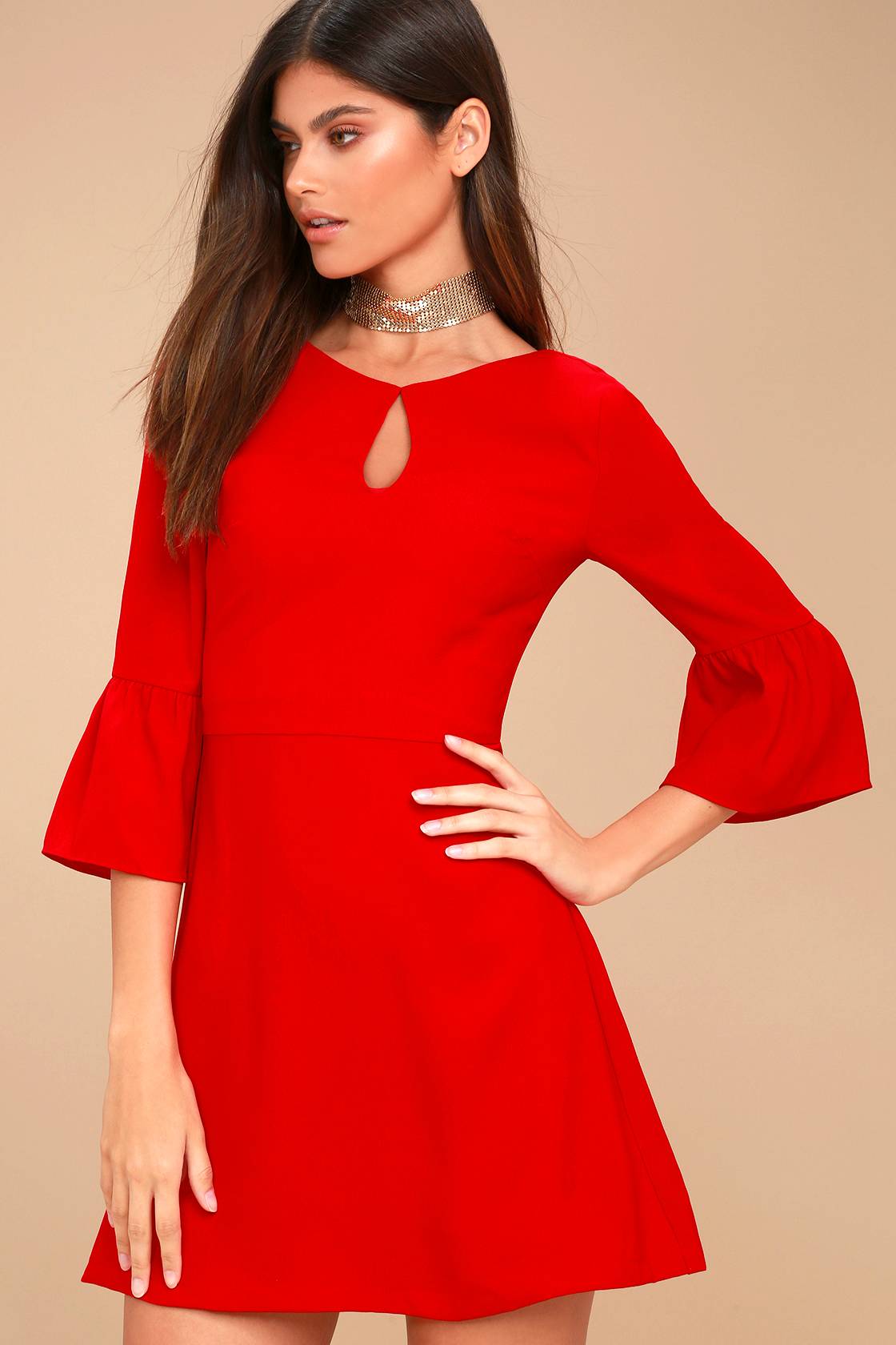 J.O.A. Flare Sleeve Dress - Red Flounce Sleeve Dress - Lulus