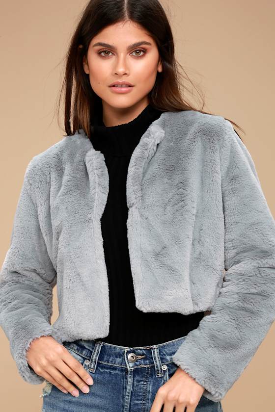 Chic Faux Fur Jacket - Slate Blue Jacket - Cropped Jacket - Lulus