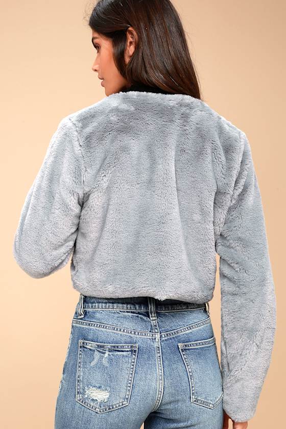 Chic Faux Fur Jacket - Slate Blue Jacket - Cropped Jacket