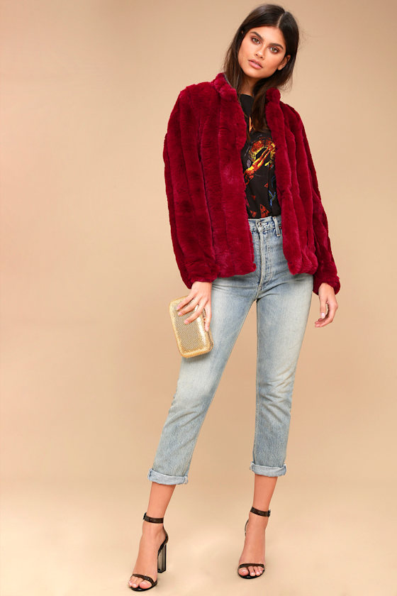 Chic Faux Fur Jacket - Wine Red Jacket - Cozy Jacket - Lulus