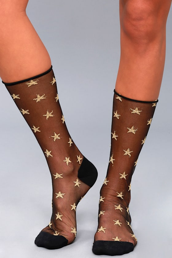 Tabbisocks Star Print Socks - Gold and Black Mesh Socks - Lulus