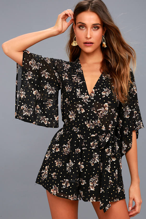 Lovely Black Print Romper - Kimono Romper - Surplice Romper - Lulus