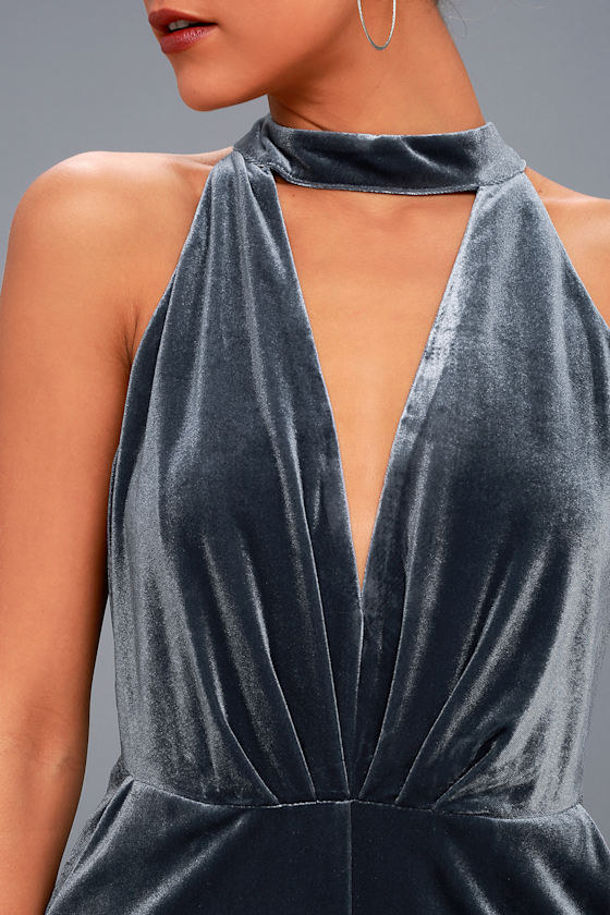 Chic Slate Blue Jumpsuit - Sleeveless Velvet Jumpsuit