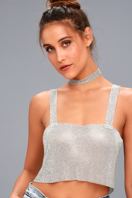 Sexy Silver Rhinestone Crop Top Metal Rhinestone Top