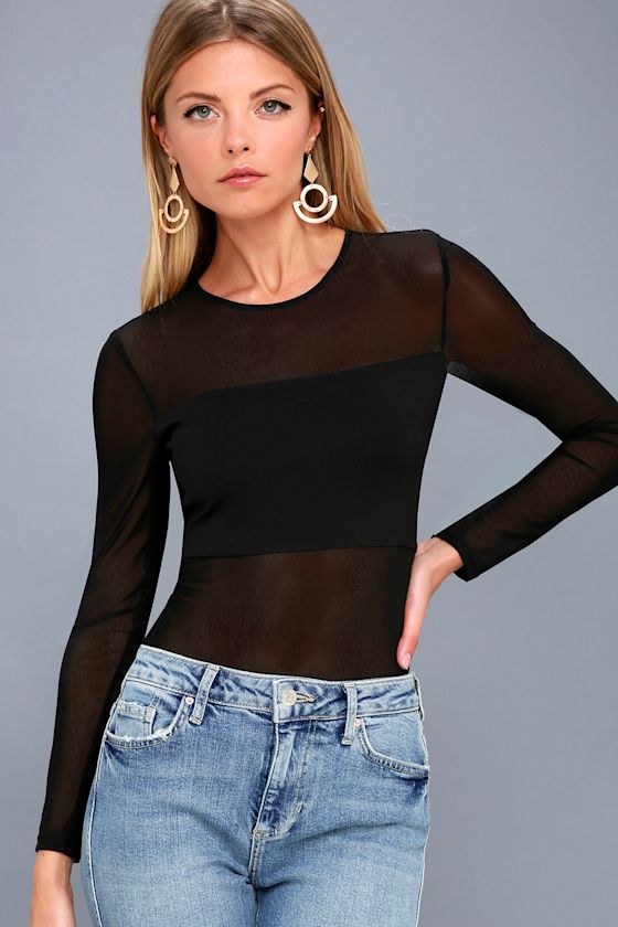 Sexy Black Bandeau Bodysuit - Long Sleeve Mesh Bodysuit - Lulus