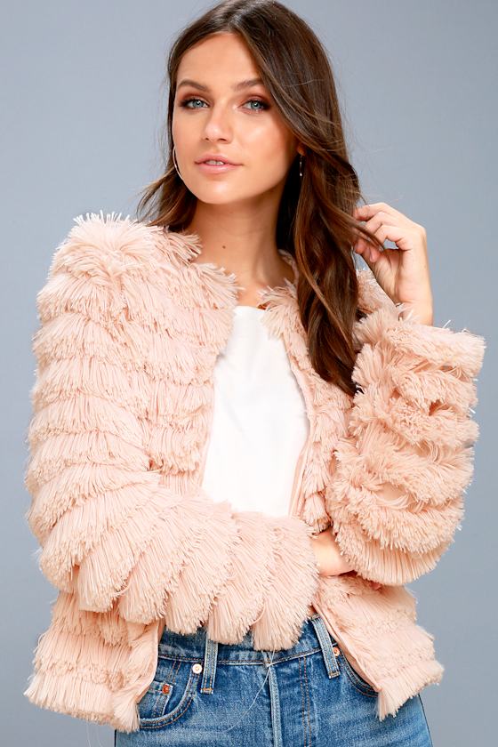 Trendy Blush Pink Jacket - Faux Fur Jacket - Fringe Jacket - Lulus