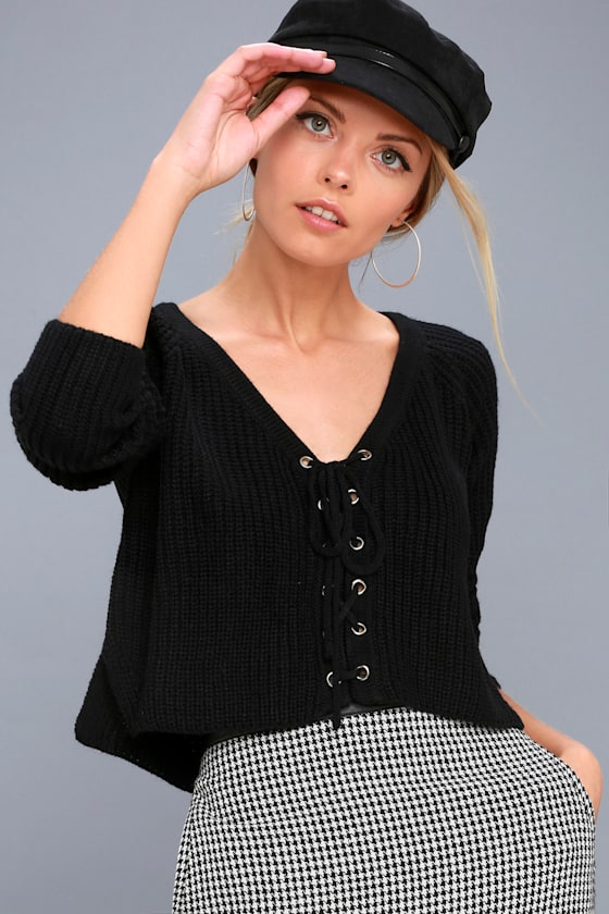 Cute Cropped Sweater - Black Sweater - Lace-Up Sweater - Lulus