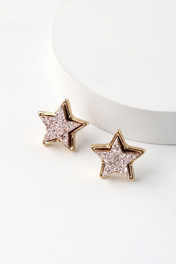 Pretty Pink Star Earrings - Gold Star Earrings - Lulus
