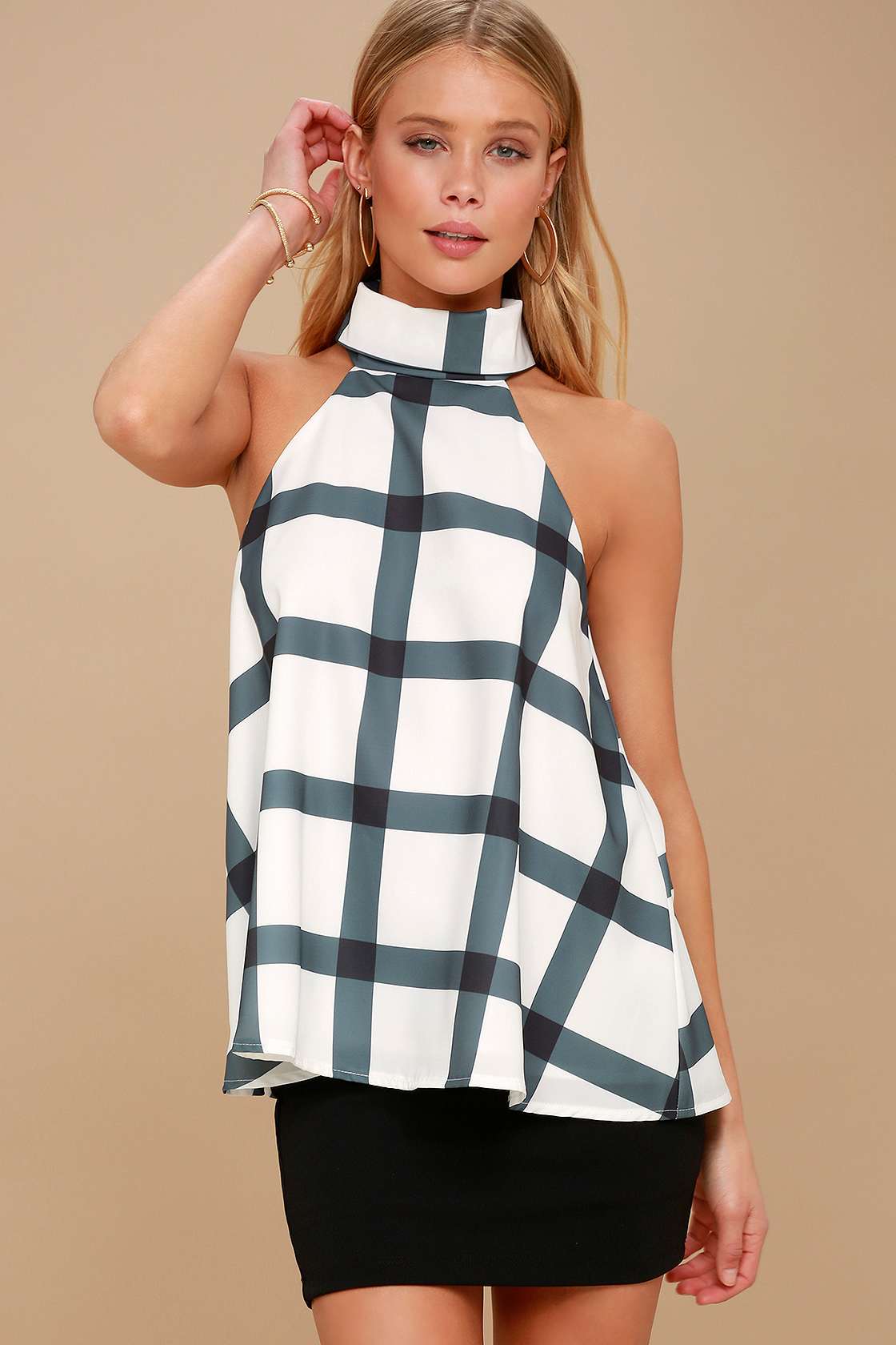 Ivory and Grey Top - Trapeze Top - Grid Print Top - $40.00 - Lulus