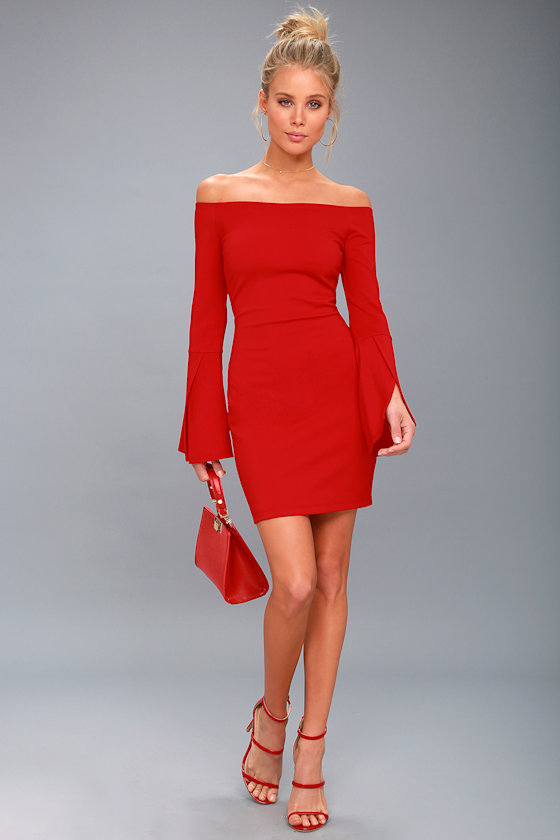 Chic Off-the-Shoulder Dress - Bell Sleeve Dress - Red Dress - Lulus