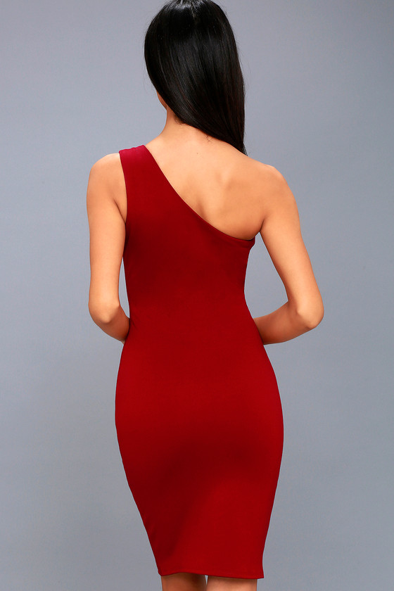 Chic Red Dress One Shoulder Dress Bodycon Midi Dress