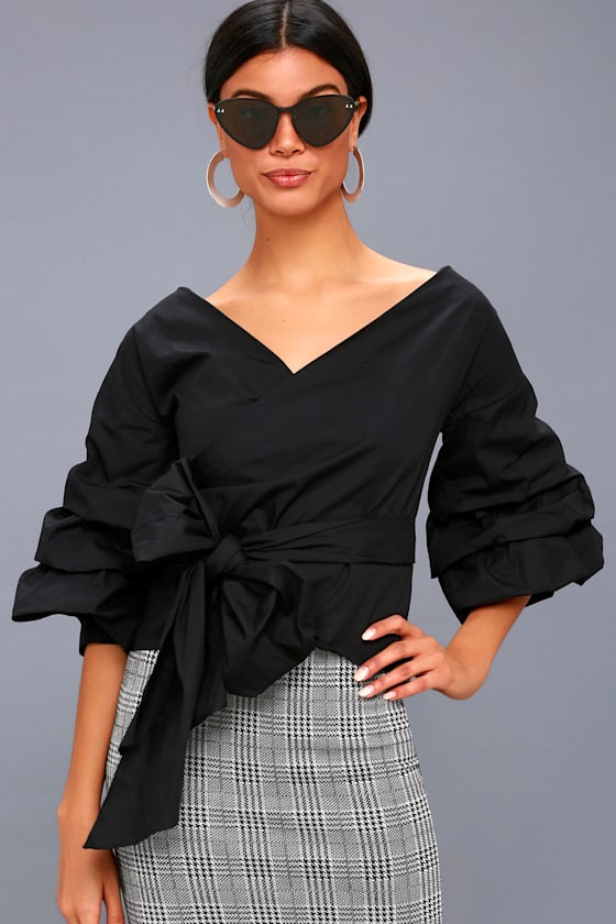 Lost + Wander - Black Wrap Top - Statement Sleeve Top - Lulus