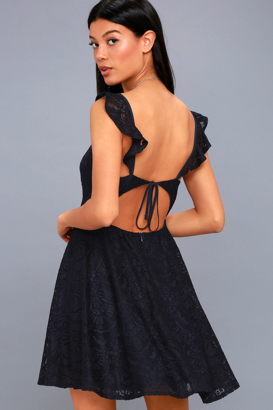 Navy Blue Lace Dress Lace Dress Backless Skater Dress Lulus