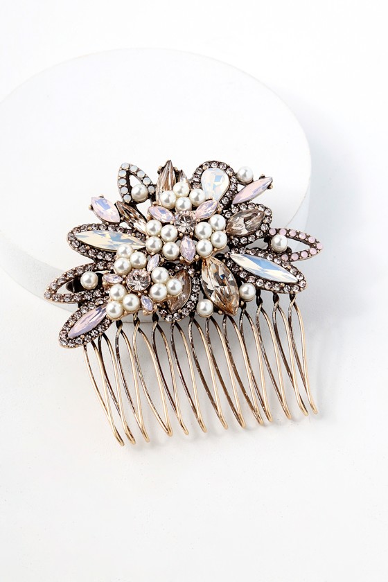 Stunning Gold and Pink Rhinestone Hair Comb - Pearl Comb - Lulus