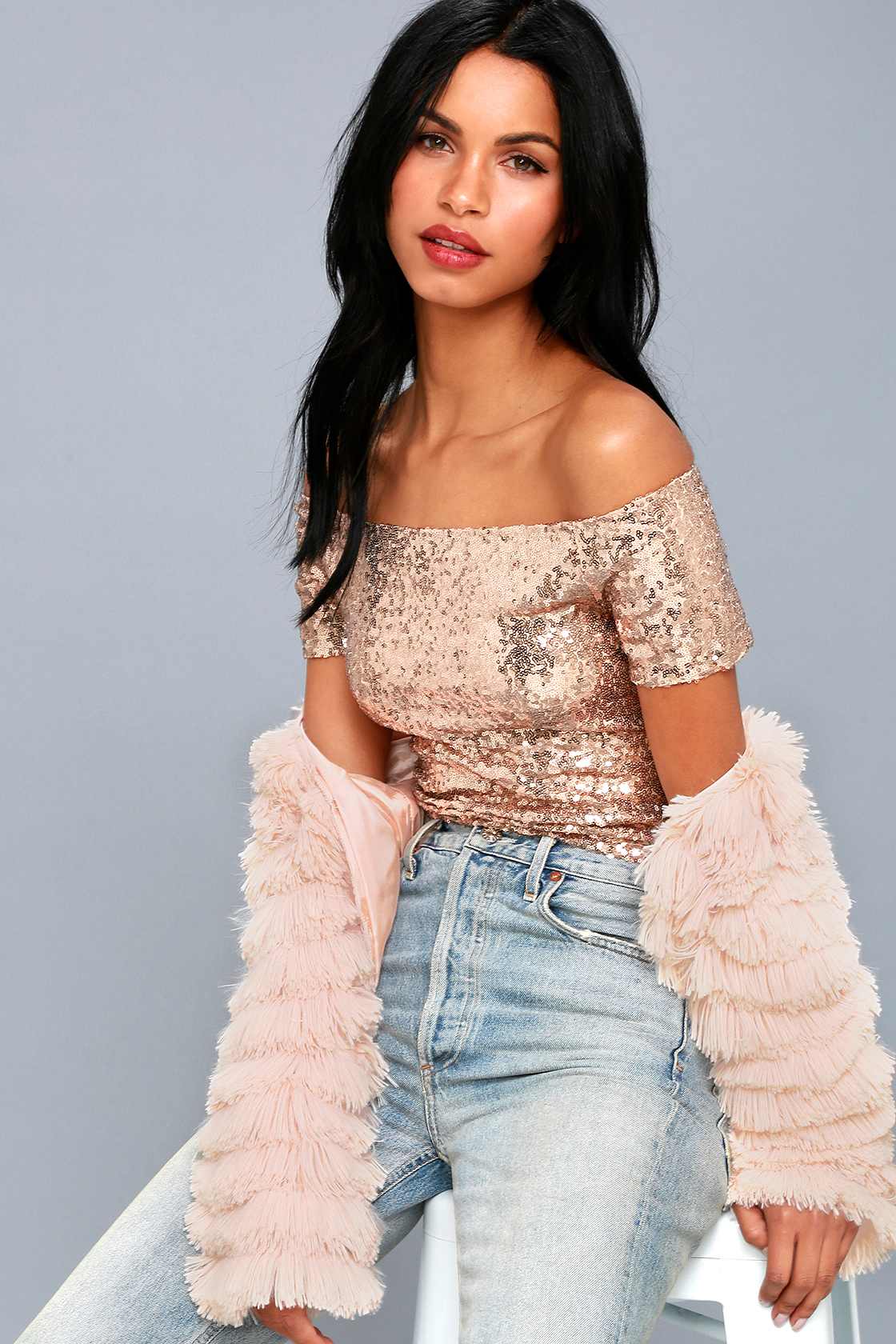 Shiny Rose Gold Sequin Top - Rose Gold Off-the-Shoulder Top - Lulus