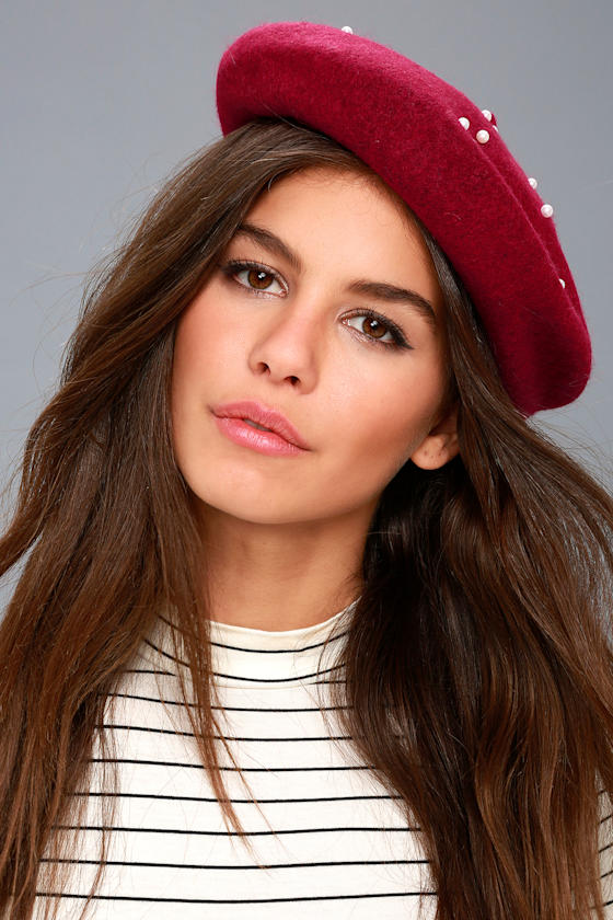 Cute Burgundy Beret Burgundy Pearl Beret Wool Beret Lulus