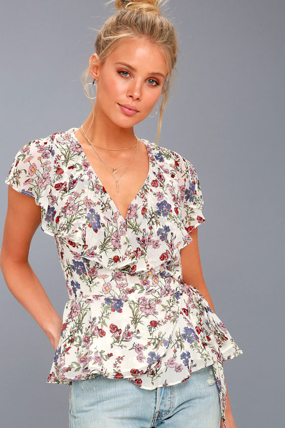 Chic White Floral Print Top - Wrap Top - Ruffled Top - Lulus