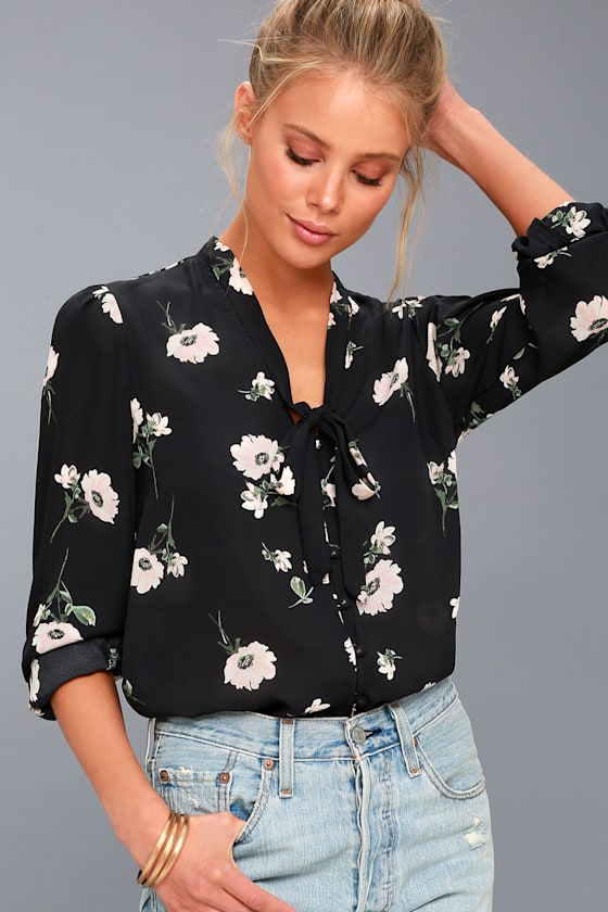 Cute Black Floral Print Top - Button-Up Long Sleeve Top - Lulus