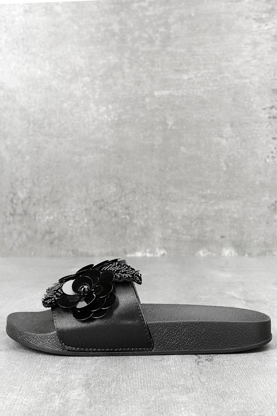 Chic Black Slide Sandals - Satin Sandals - Beaded Sandals - Lulus