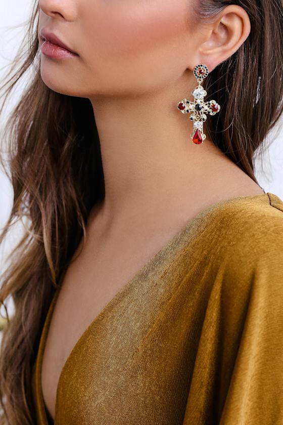 Stunning Gold and Red Earrings - Rhinestone Cross Earrings - Lulus