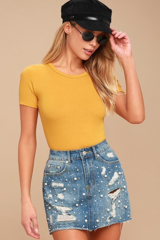 Cute Yellow Bodysuit Short Sleeve Bodysuit Ribbed Bodysuit Lulus