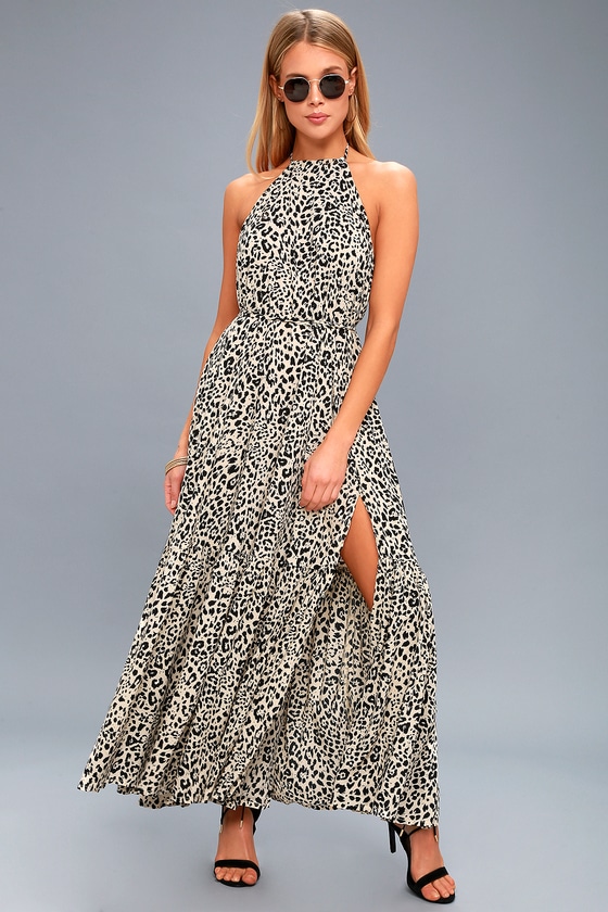 Kivari Roma Beige Leopard Print Dress Halter Maxi Dress Lulus
