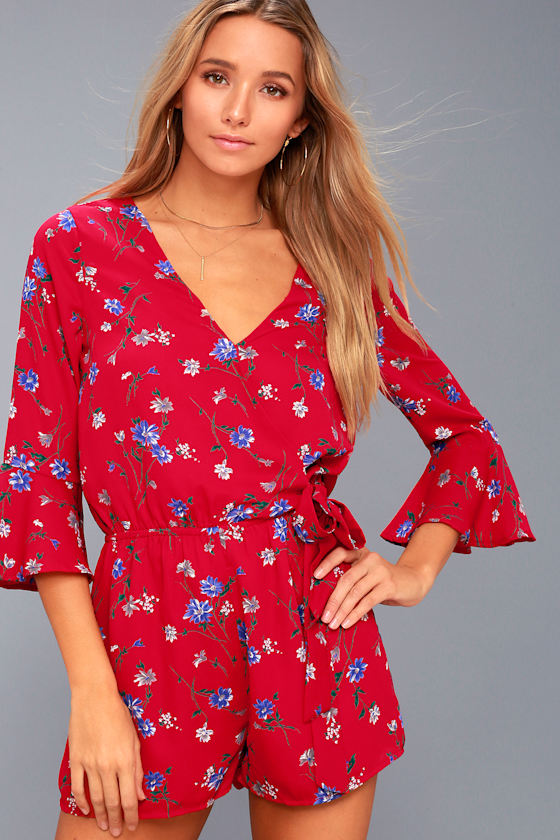 Cute Red Floral Print Romper- Flounce Sleeve Romper - Lulus