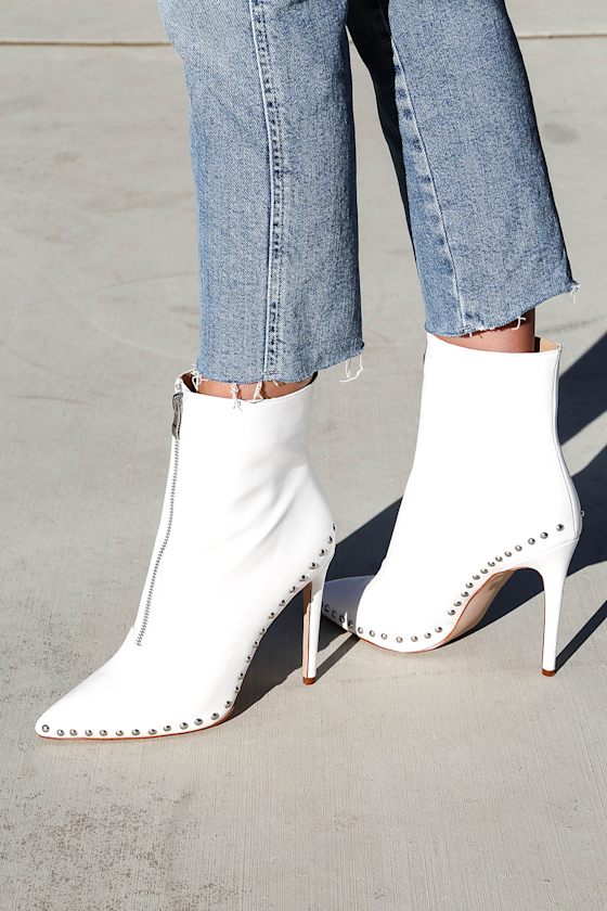 Trendy White Booties - Studded Booties - High Heel Booties - Lulus