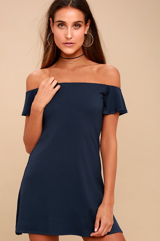 Cute Navy Blue Dress - Off-the-Shoulder Dress - Swing Dress - Lulus