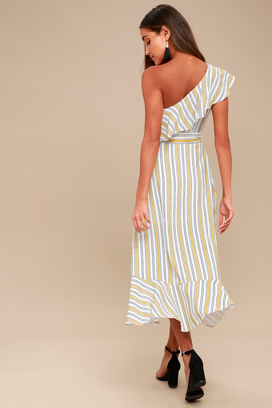 Trendy Yellow Striped Dress - Midi Dress - High-Low Dress