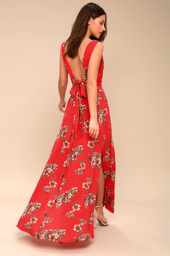 Lovely Red Maxi Dress Floral Maxi Dress Tie Back Dress Lulus