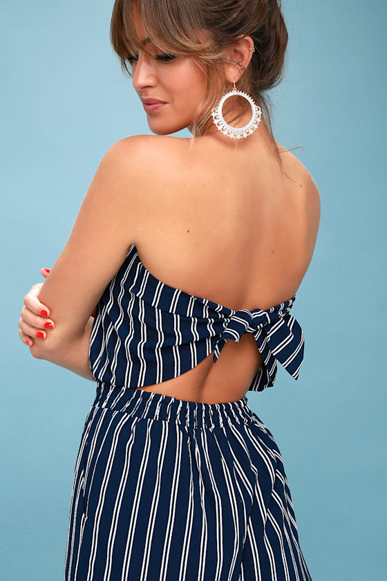 Trendy Jumpsuit - Navy Striped Jumpsuit - Strapless Jumpsuit - Lulus
