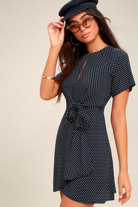 Cute Navy Blue Polka Dot Dress Knotted Dress Wrap Dress Lulus