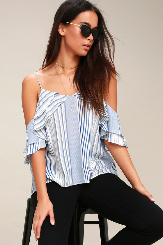 Cute Blue Striped Top Off The Shoulder Top Flounce Top Lulus