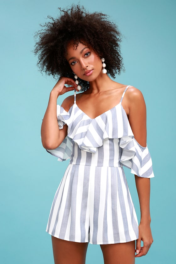 Cute Blue and White Striped Romper - Off-the-Shoulder Romper - Lulus