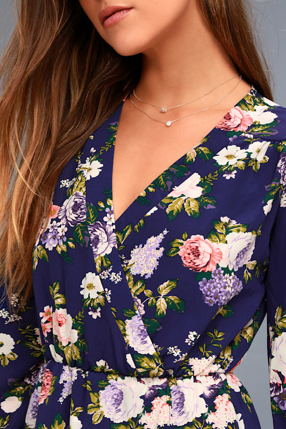 Pretty Navy Blue Dress - Floral Print Dress
