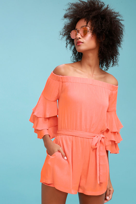 Cute Coral Orange Flounce Sleeve Romper - OTS Romper - Lulus