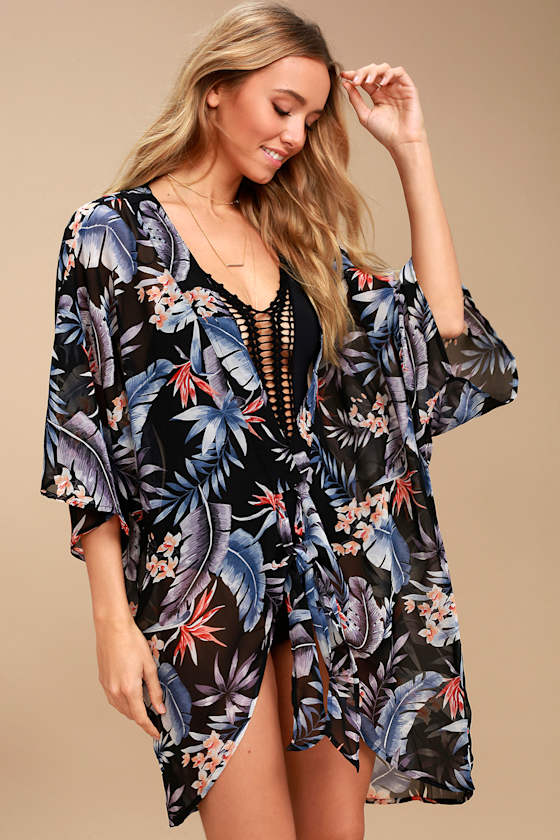Black Tropical Print Cover-Up - Print Tie-Front Cover-Up - Lulus