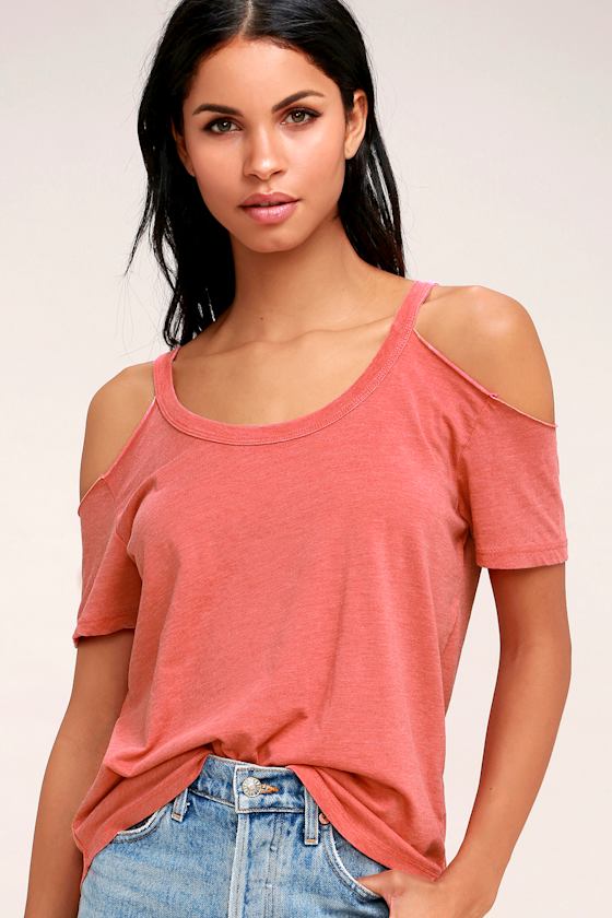 Washed Coral Tee - Off-the-Shoulder Tee - Cold Shoulder Tee - Lulus