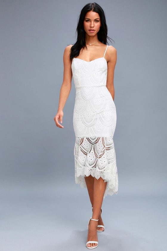 Lovely White Dress Lace Midi Dress Bodycon Dress Lulus