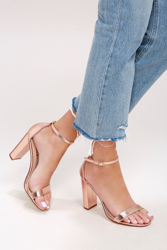 Sexy Rose Gold Heels Ankle Strap Heels Single Sole Heels